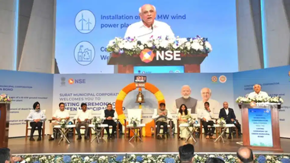 Surat’s Green Bond debuts on NSE; Gujarat CM rings ceremonial bell