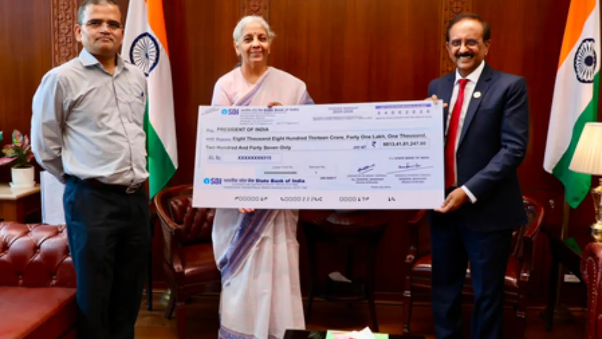 SBI Presents Rs 8,813 Crore Dividend Cheque To Government For FY26